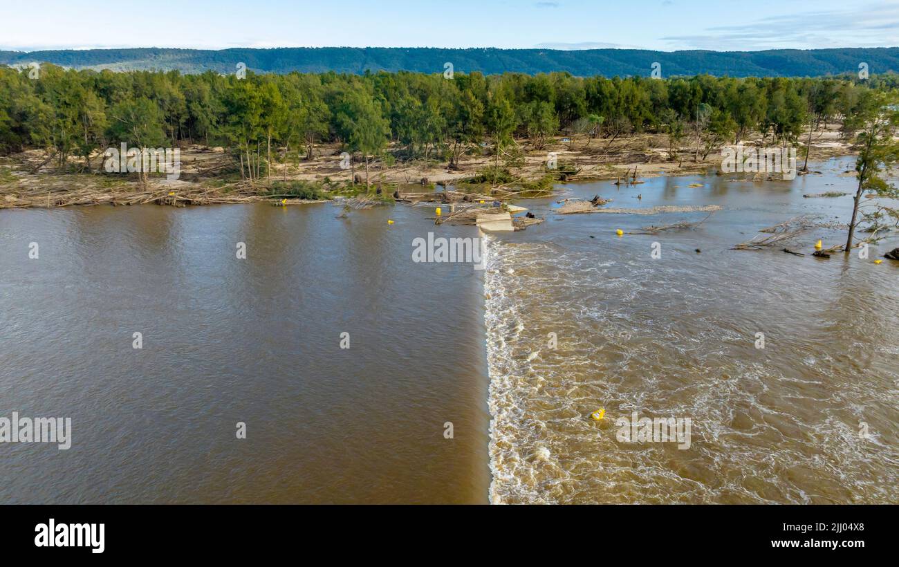 Drone aerial photograph of severe flooding of the Penrith Weir in ...