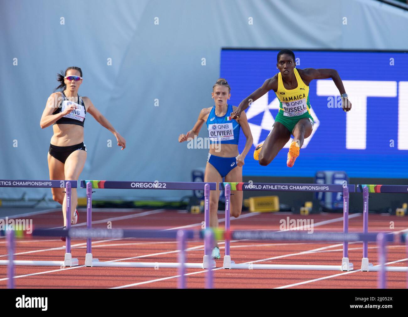 Janieve Russell (JAM) competing in the women’s 400m hurdles heats on ...