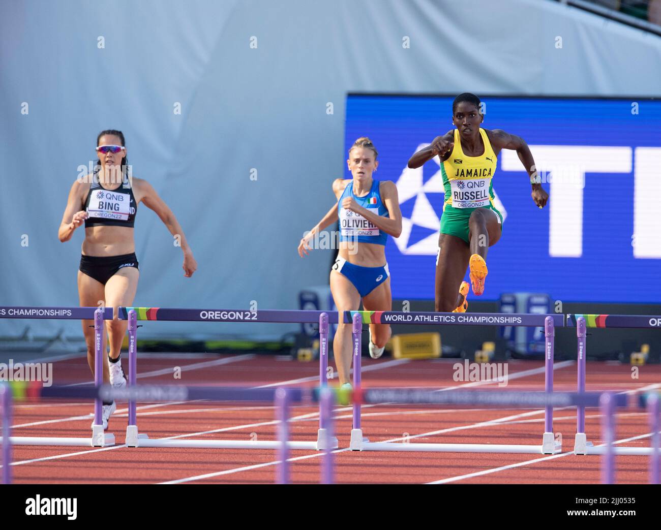 Janieve Russell (JAM) competing in the women’s 400m hurdles heats on ...