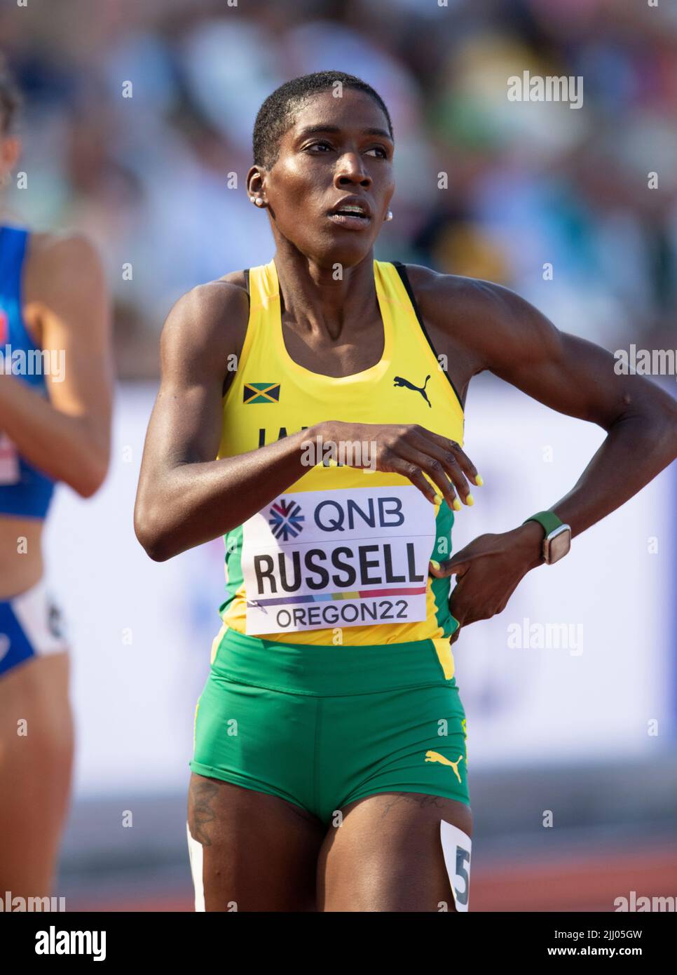 Janieve Russell (JAM) competing in the women’s 400m hurdles heats on ...