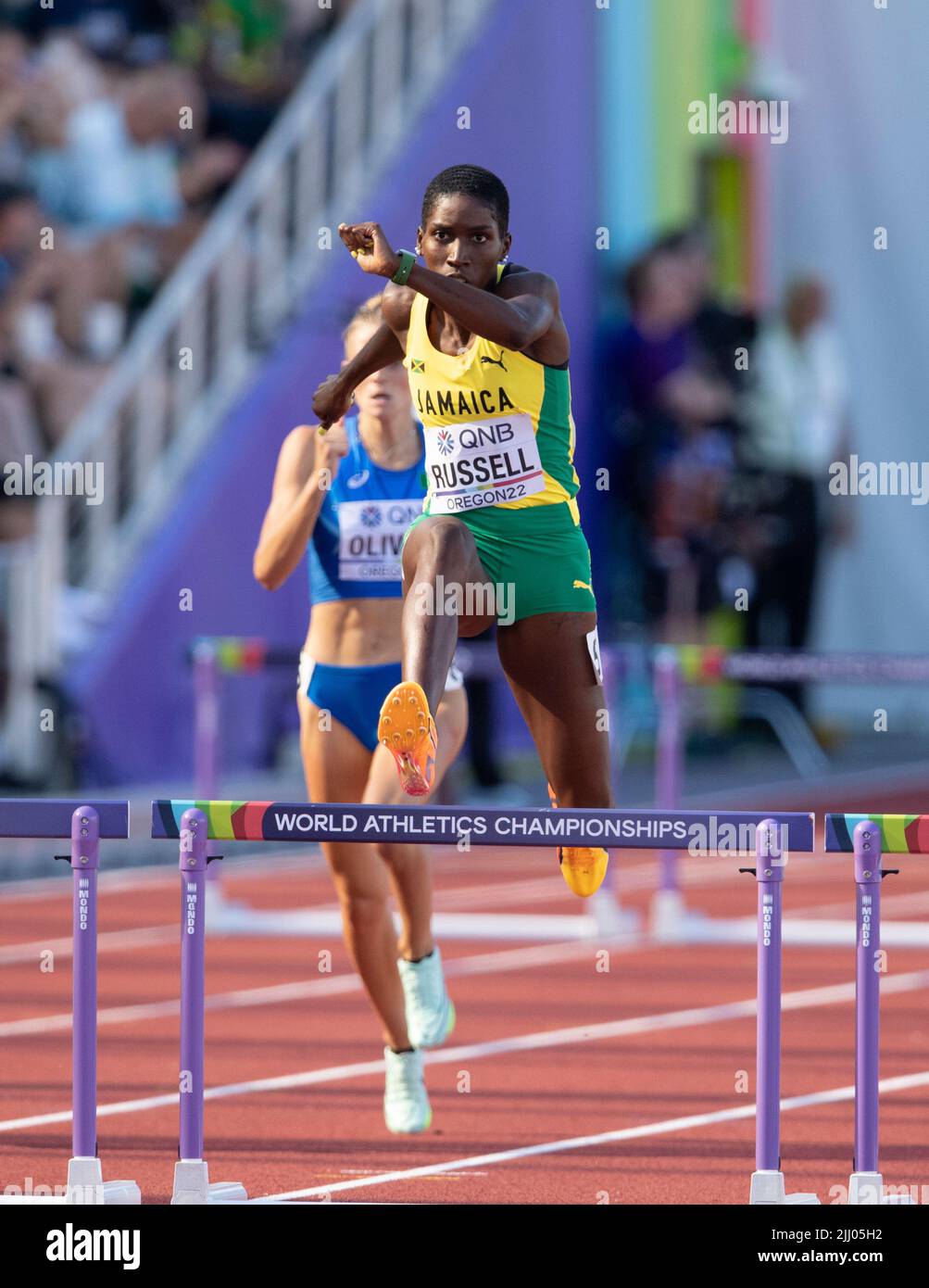 Janieve Russell (JAM) competing in the women’s 400m hurdles heats on ...
