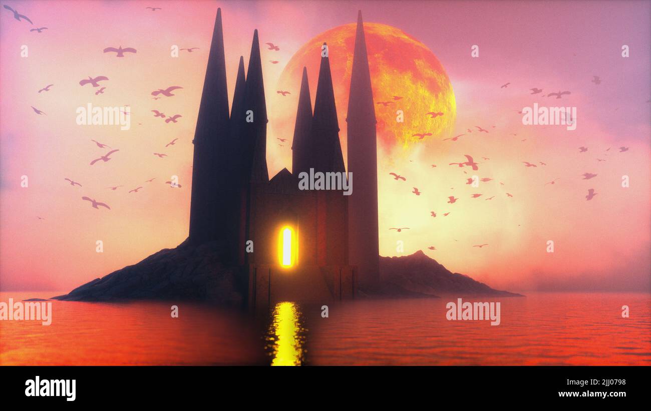 a mysterious castle somewhere in the sea(3d rendering,this image ...