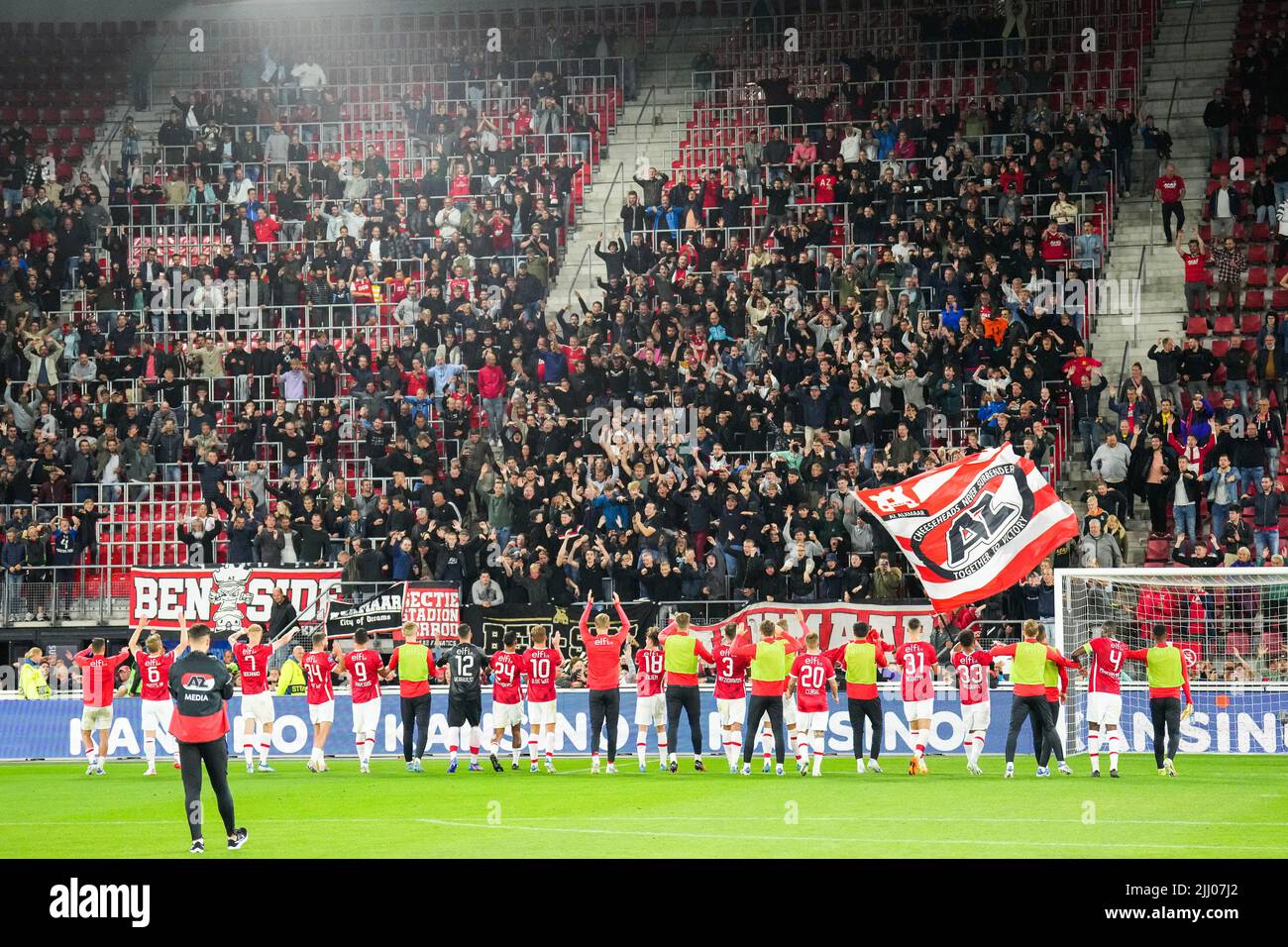 ALKMAAR - AZ Alkmaar players celebrate the victory with the fans during ...