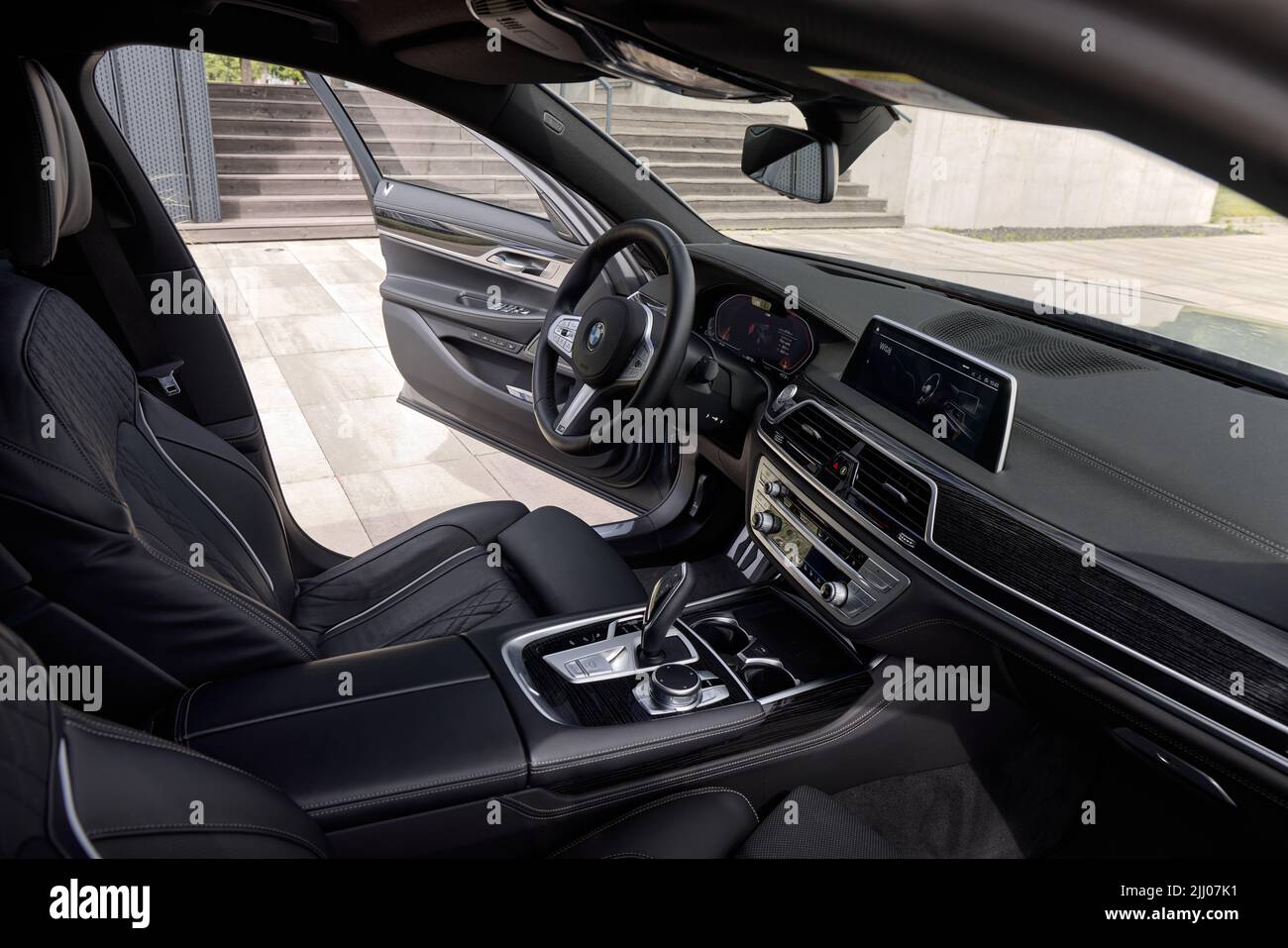 BMW 740D interior with open driver's door. The interior is finished ...