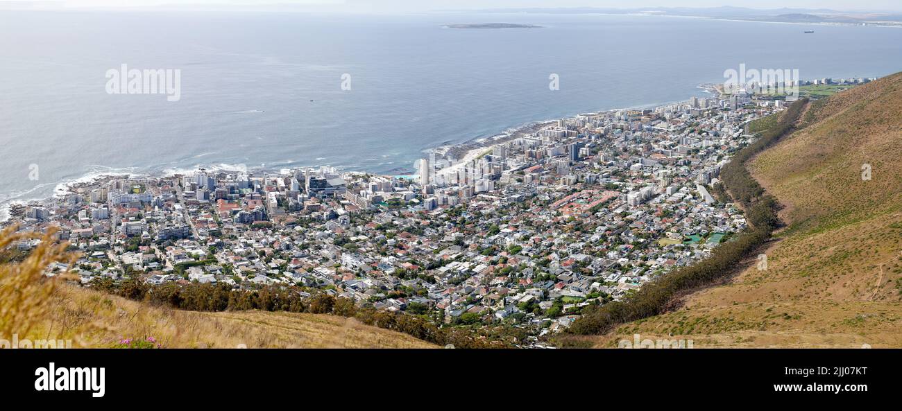 Aerial and panoramic view of Cape Town, Western Cape in South Africa. Landscape view of an urban ...