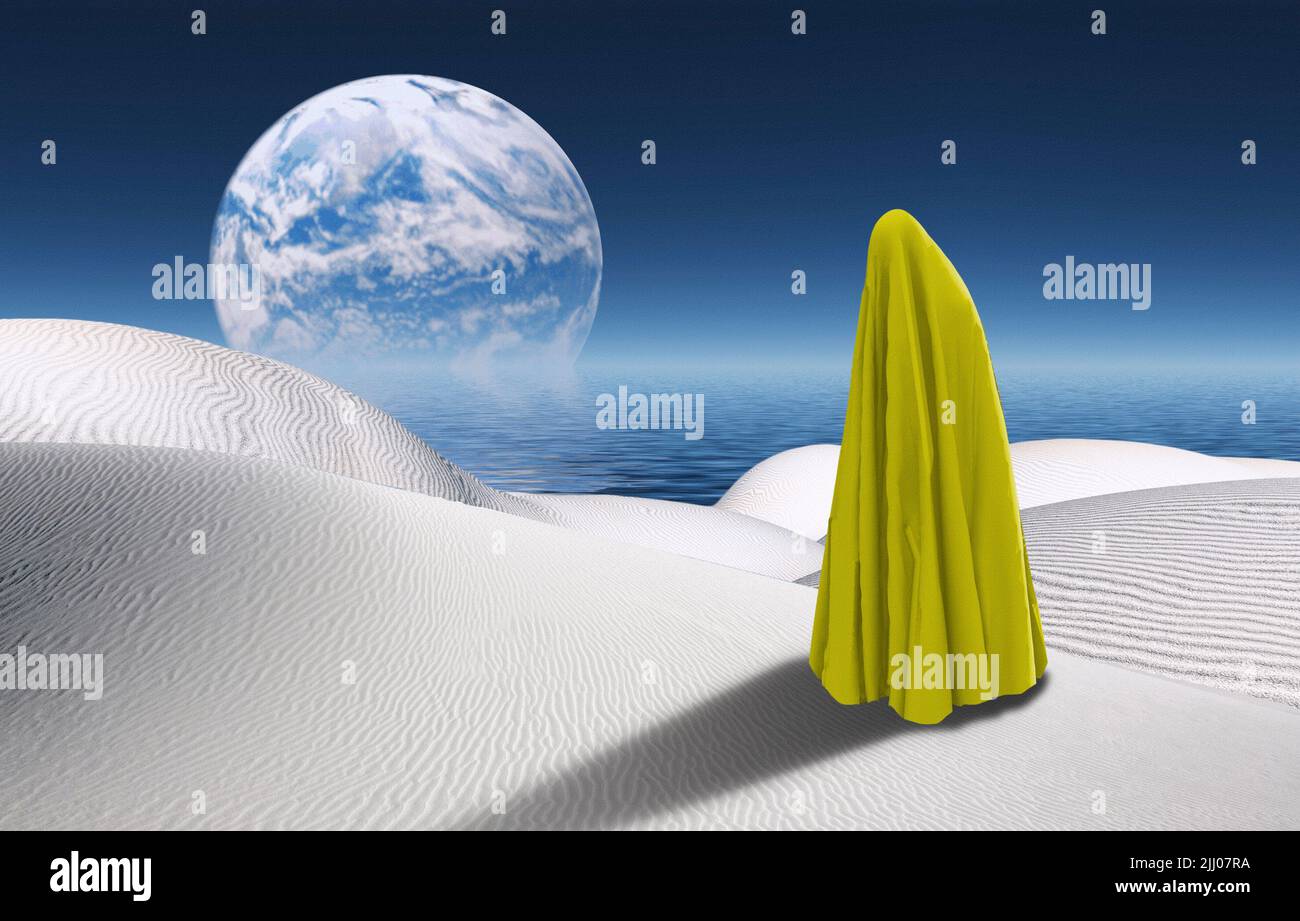 Surreal desert. Figure of man in clothes similar to hijab. Planet ...