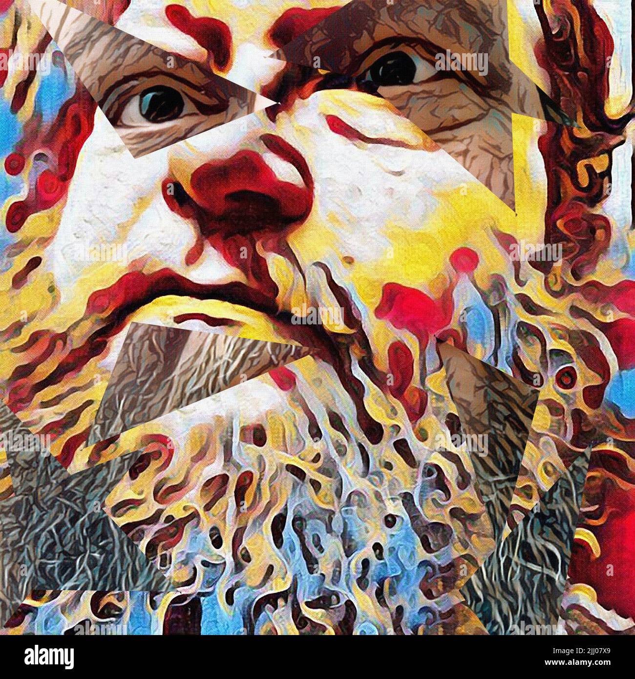 Complex abstract painting. Old man's face at the background. 3D ...