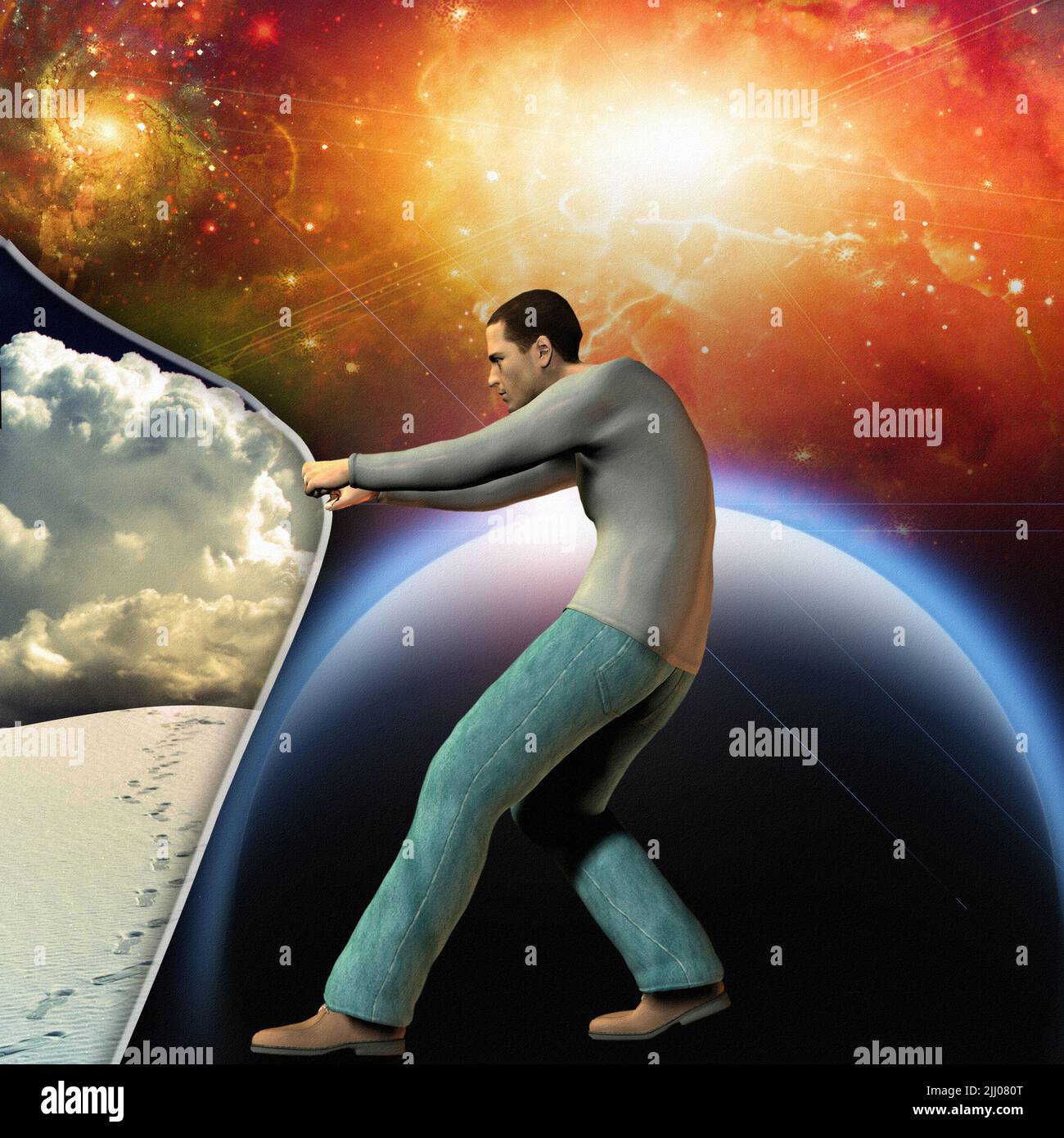 Surreal painting. Man rips out dimension. 3D rendering Stock Photo - Alamy