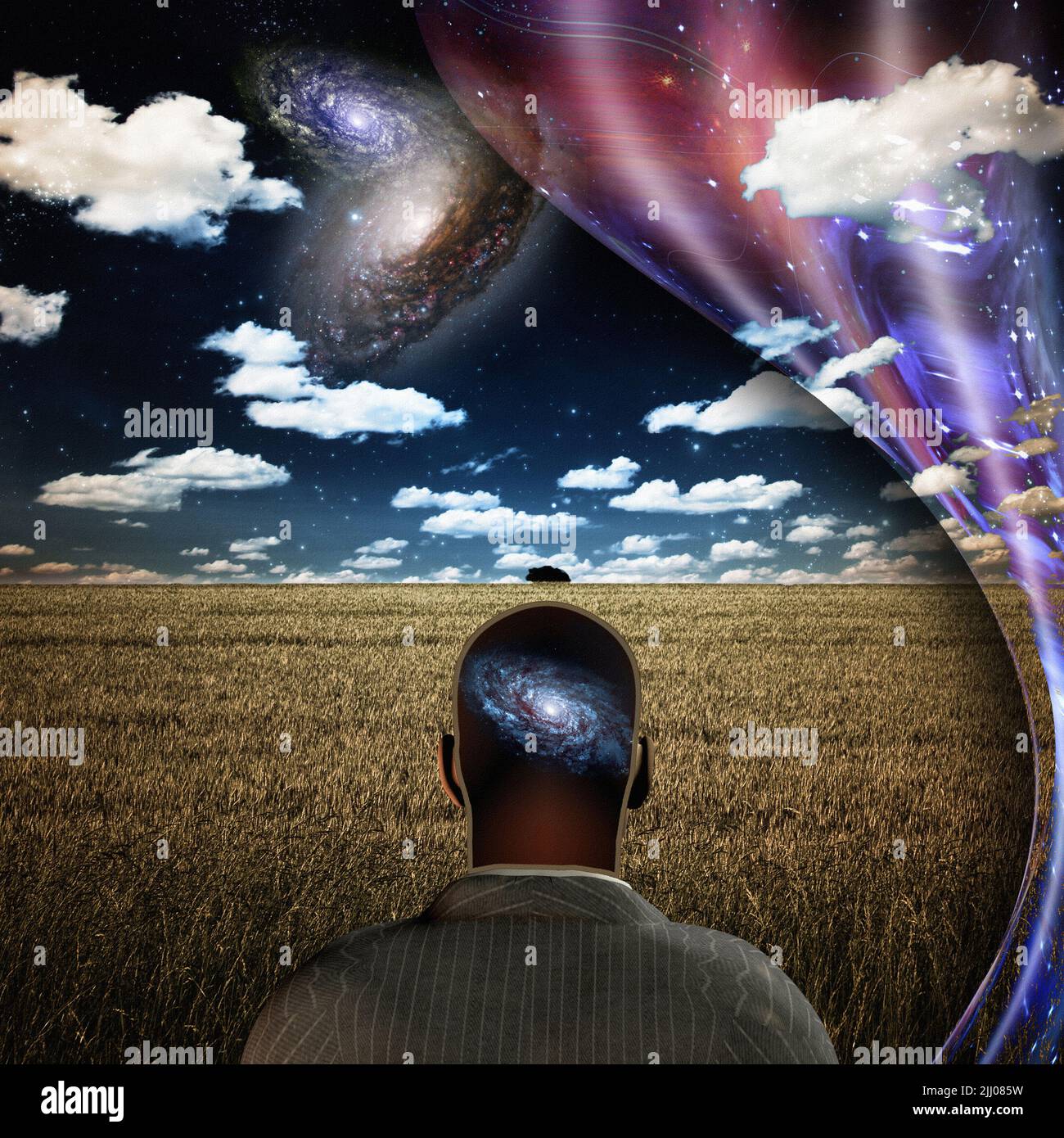 Surreal painting. Man stands on barley field. Warped space. 3D ...