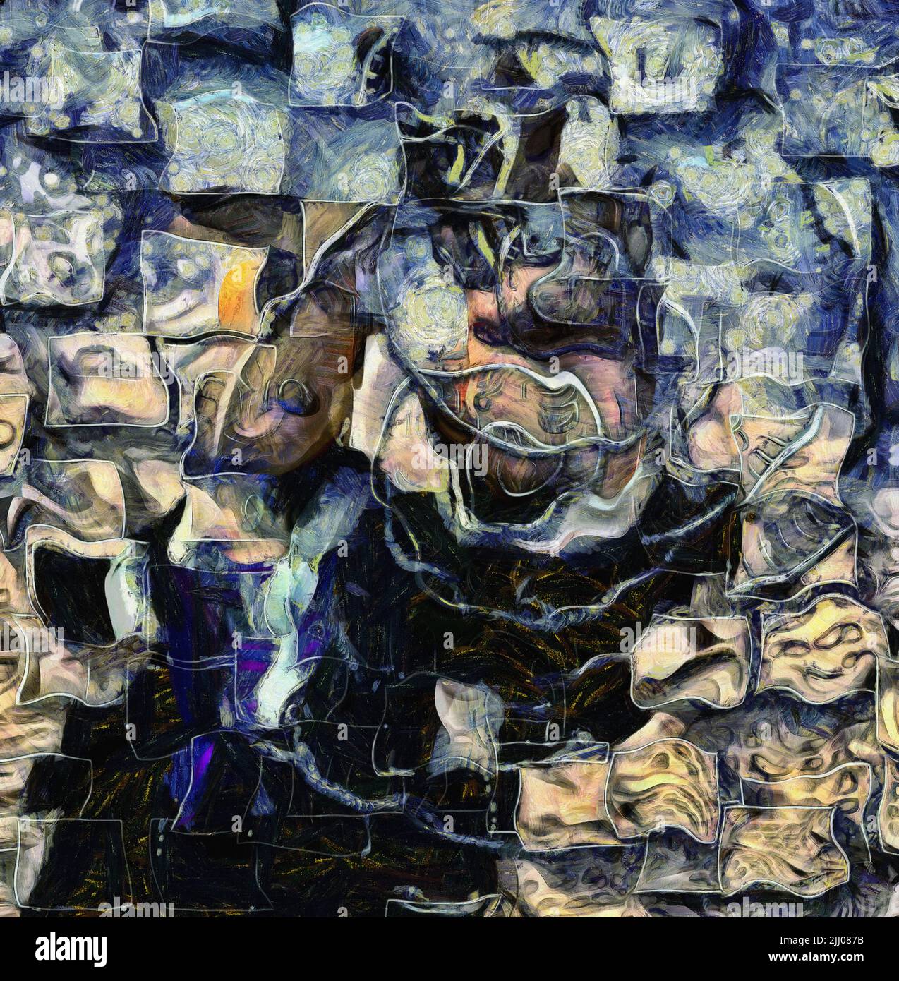 Abstract painting. Faceless man in suit holds spirals of time ...