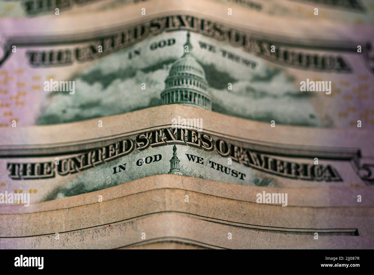 Selective focus on detail of dollars banknotes. Close up macro detail ...