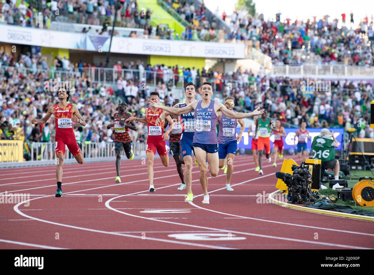 Jake Wightman crosses the line to win the men’s 1500m final on day five ...