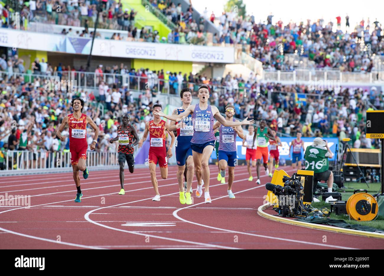 Jake Wightman crosses the line to win the men’s 1500m final on day five ...
