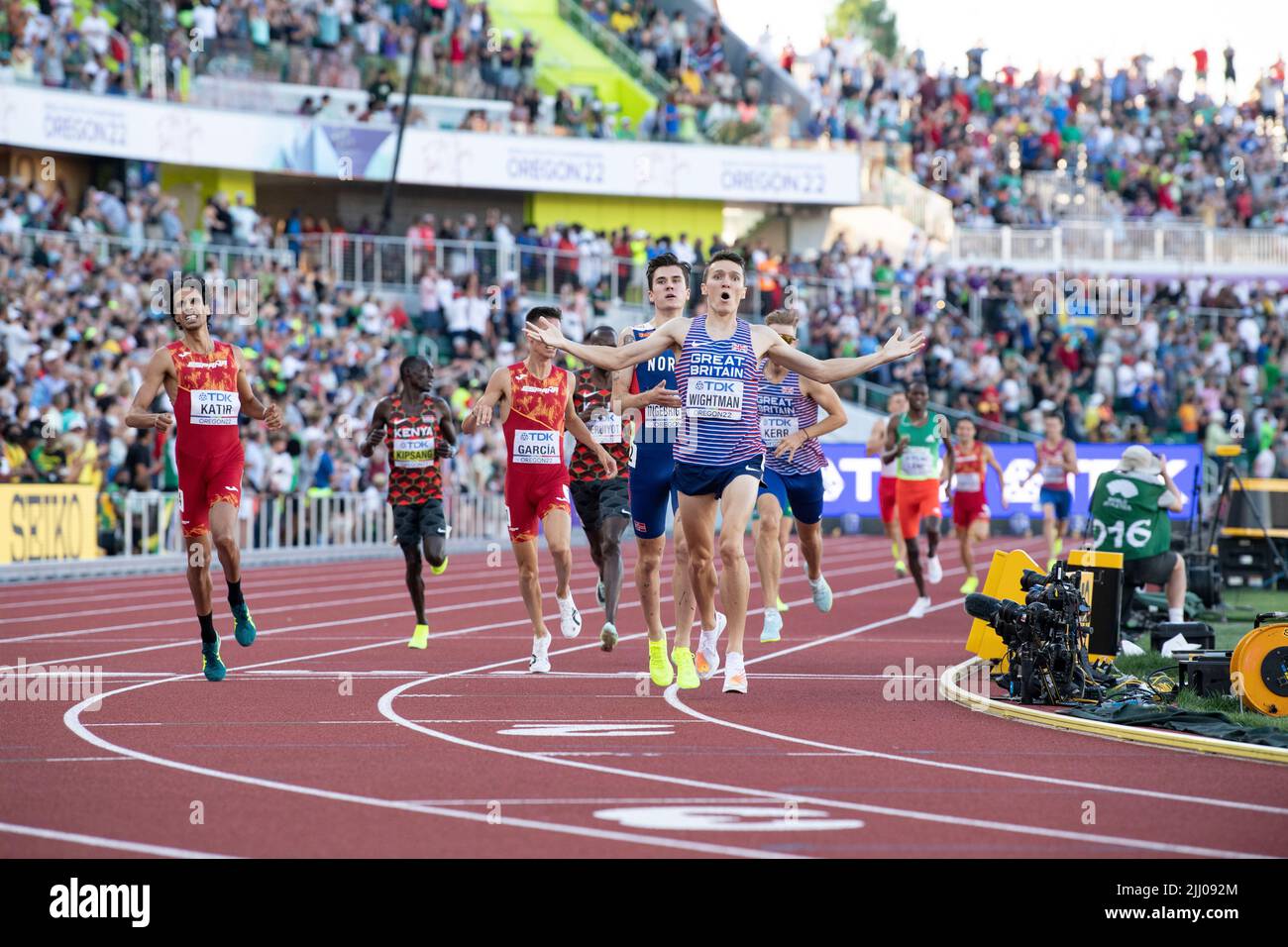 Jake Wightman crosses the line to win the men’s 1500m final on day five ...