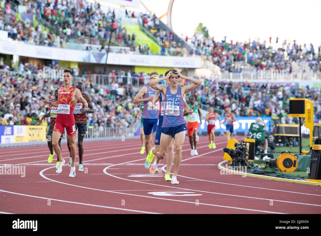 Jake Wightman crosses the line to win the men’s 1500m final on day five ...