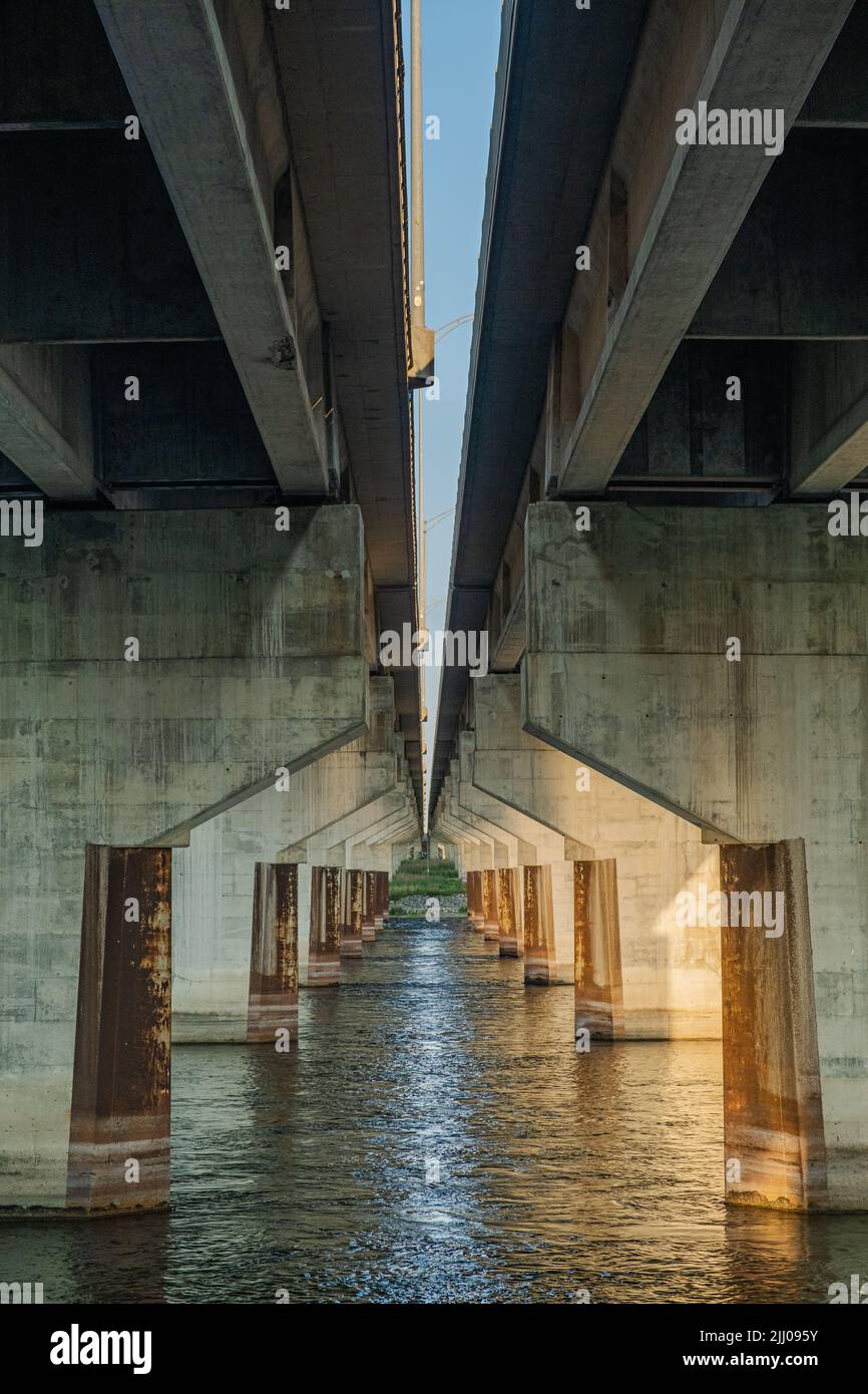 Under a commuter bridge with pillars in water on a sunny summer morning ...