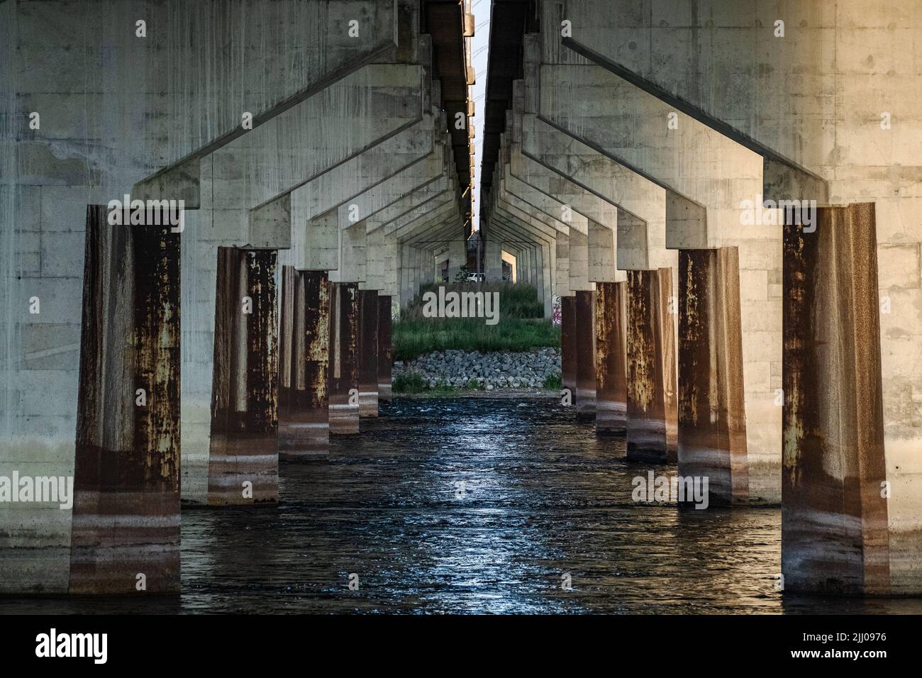 Under a commuter bridge with pillars in water on a sunny summer morning ...