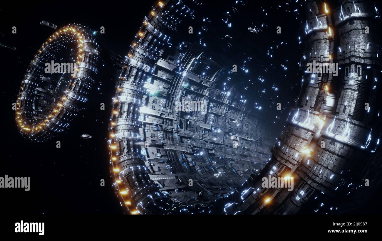 Space futuristic base with ships traffic. Futuristic concept. 3d ...