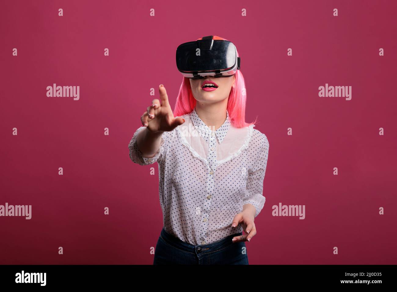 Young woman using vr glasses with augmented reality tech, futuristic interactive vision on ...