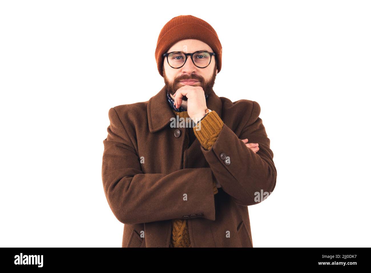 Pensive thoughtful Caucasian bearded man, thinking and looking to the ...