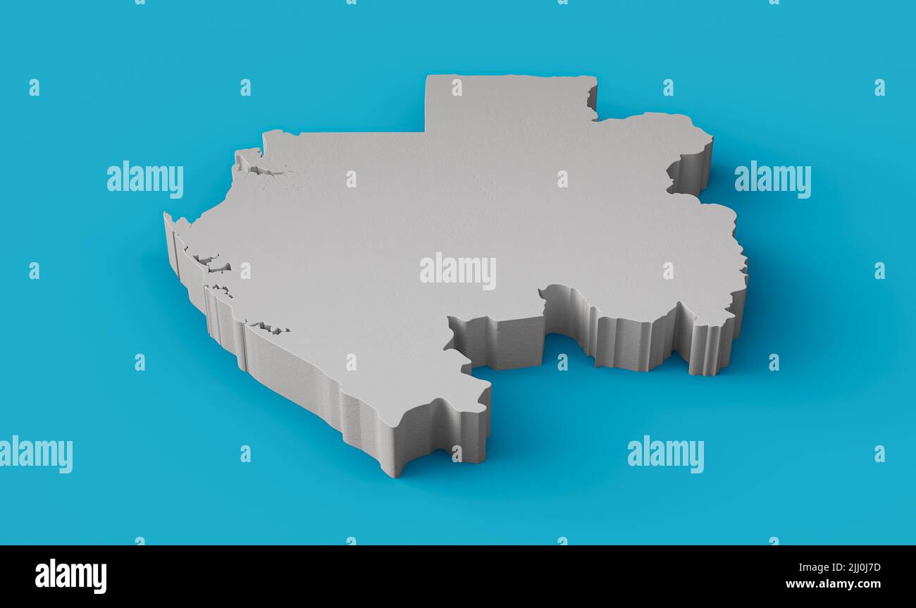 A grey 3D illustration of the map of Gabon against the blue background ...