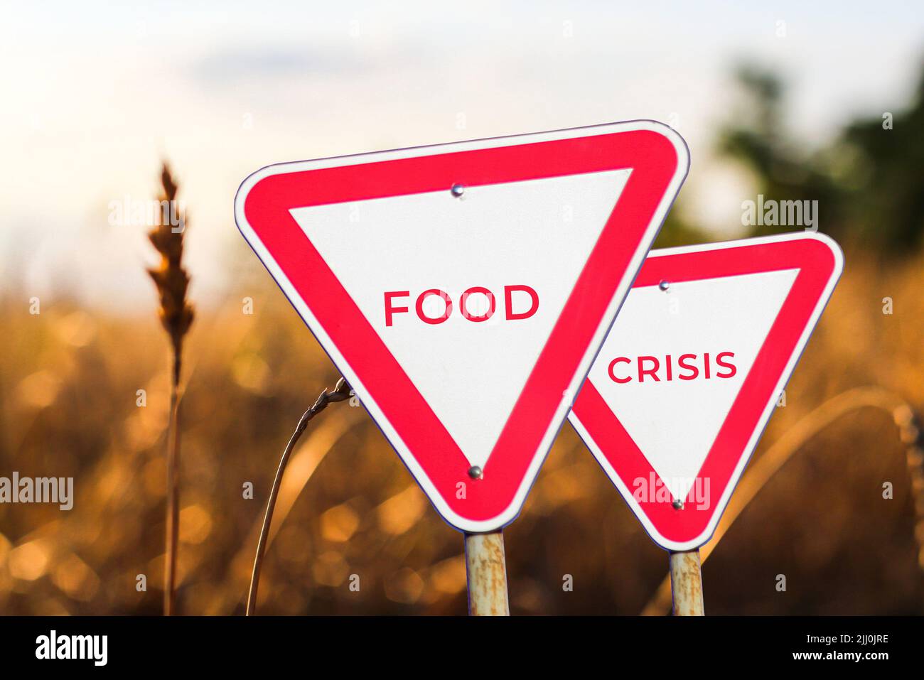 Food crisis concept. Two red road signs. Defocus blank empty triangle ...