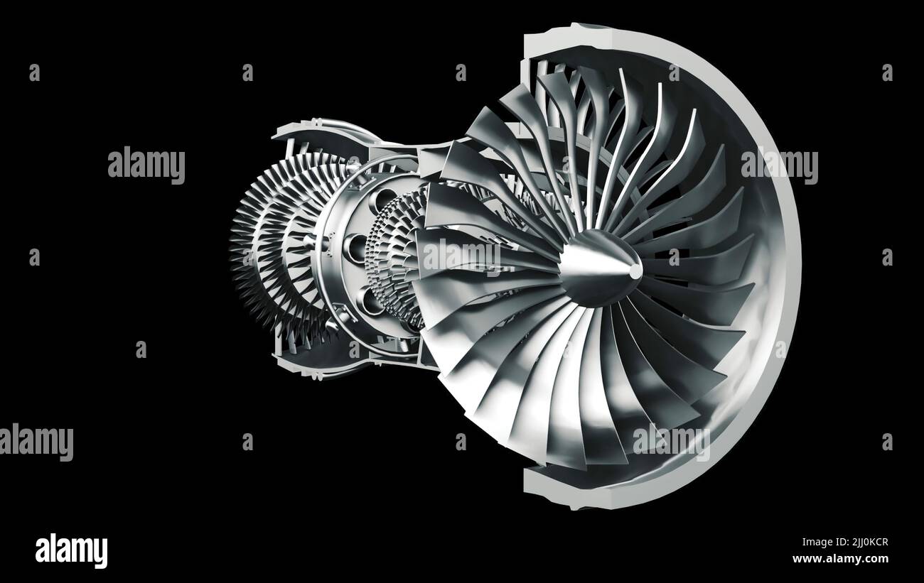 A 3D visualization of a jet engine isolated on a black background Stock ...