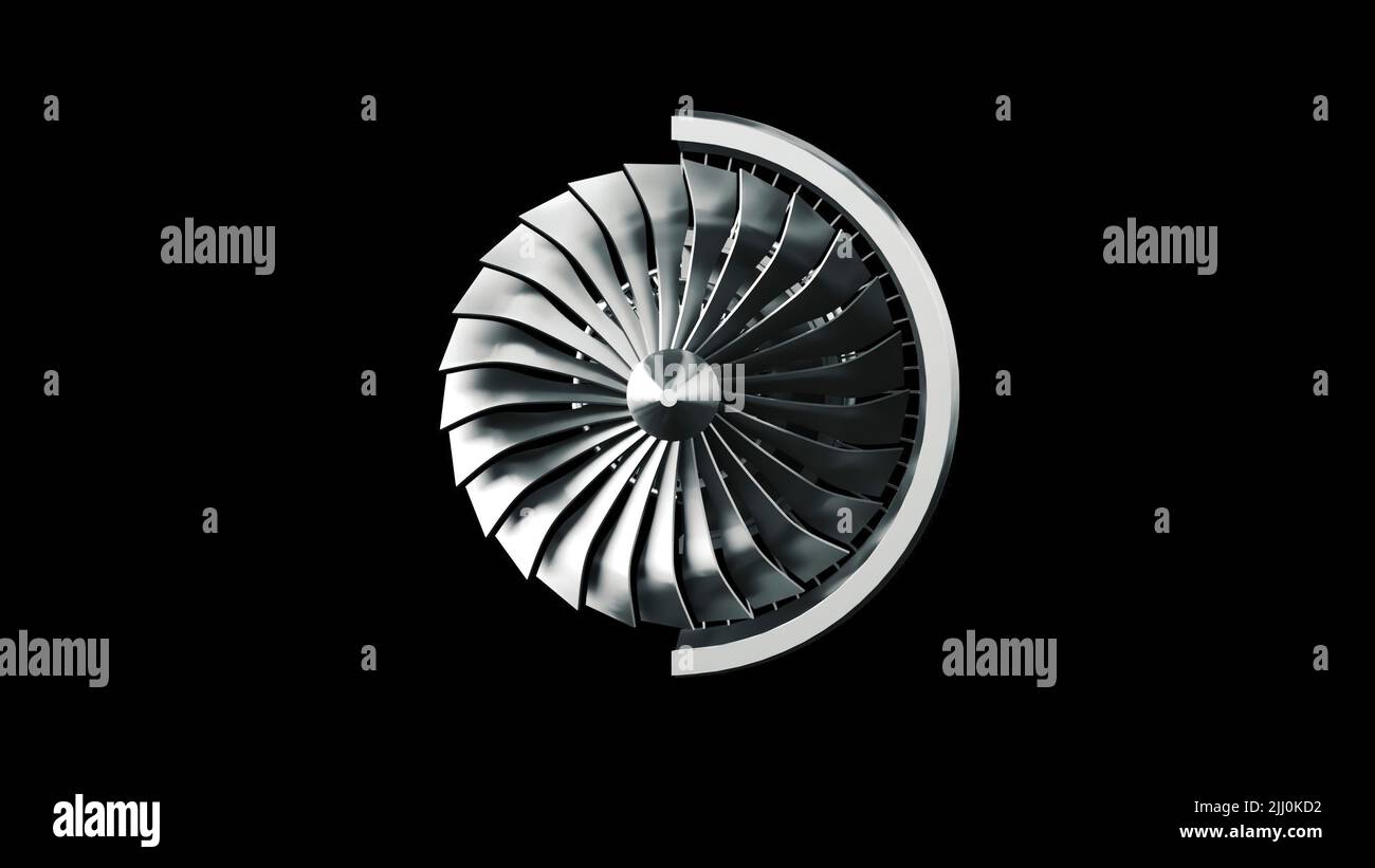 A 3D visualization of a jet engine isolated on a black background Stock ...
