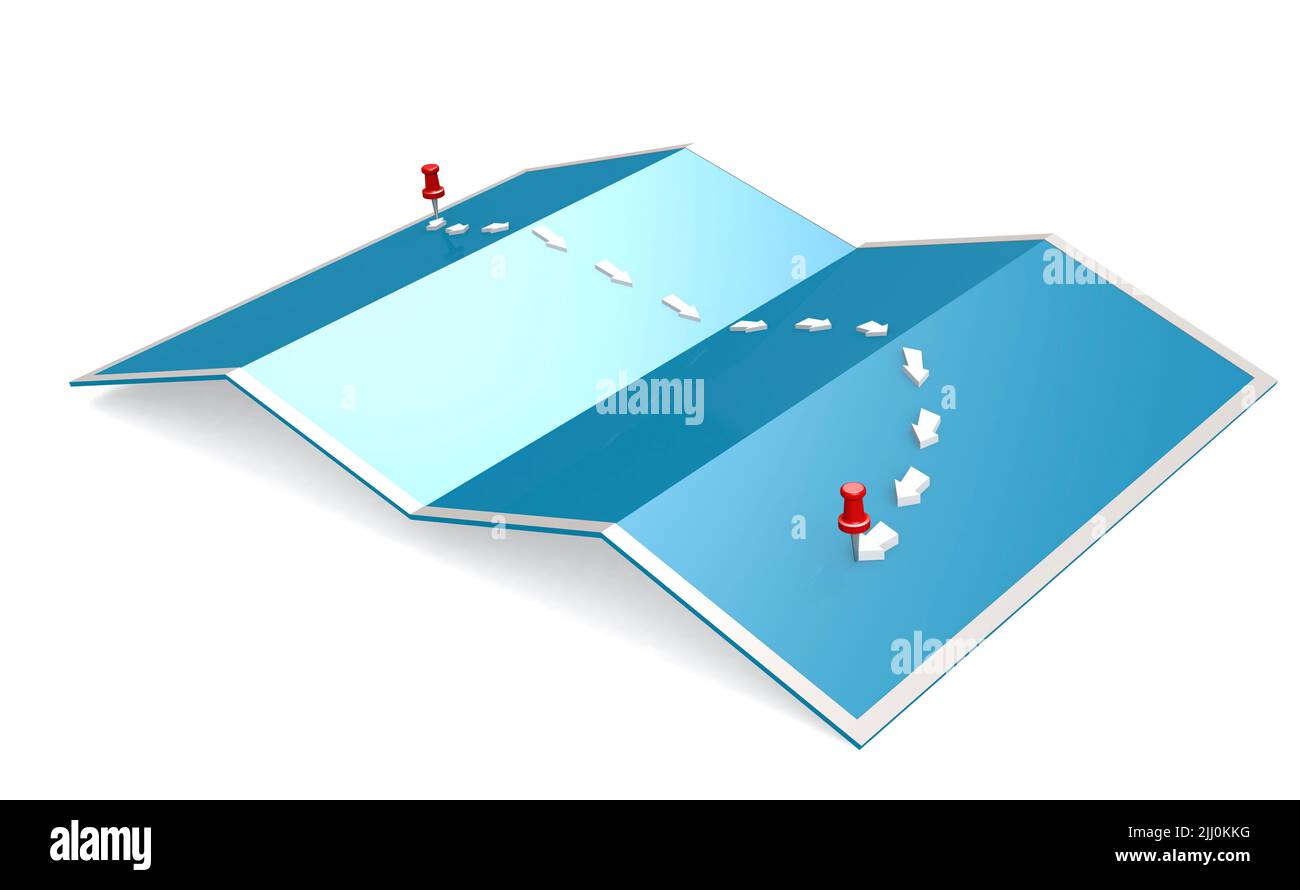 Arrow path with thumb pin on blue paper, 3d rendering Stock Photo - Alamy