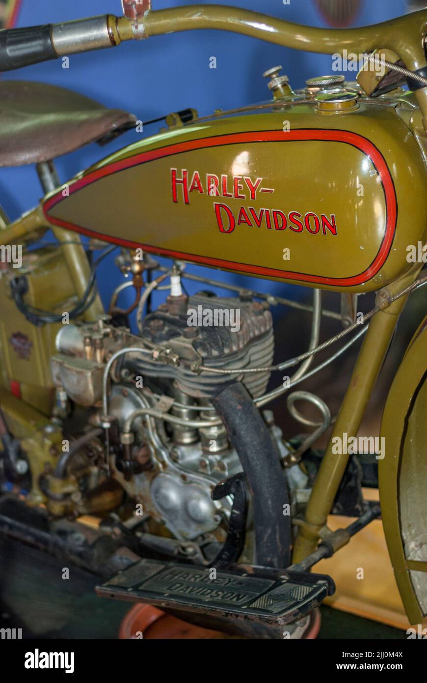 Detail of the engine and tank of an old vintage Harley Davidson in ...