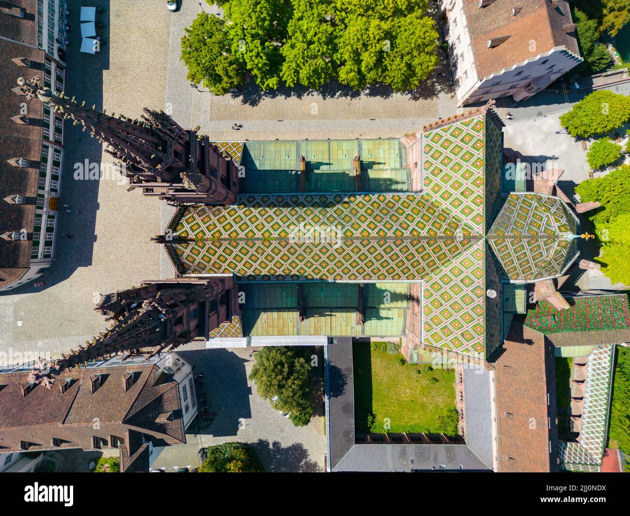 Top down view over Basel Minster - the famous cathedral in the city of ...