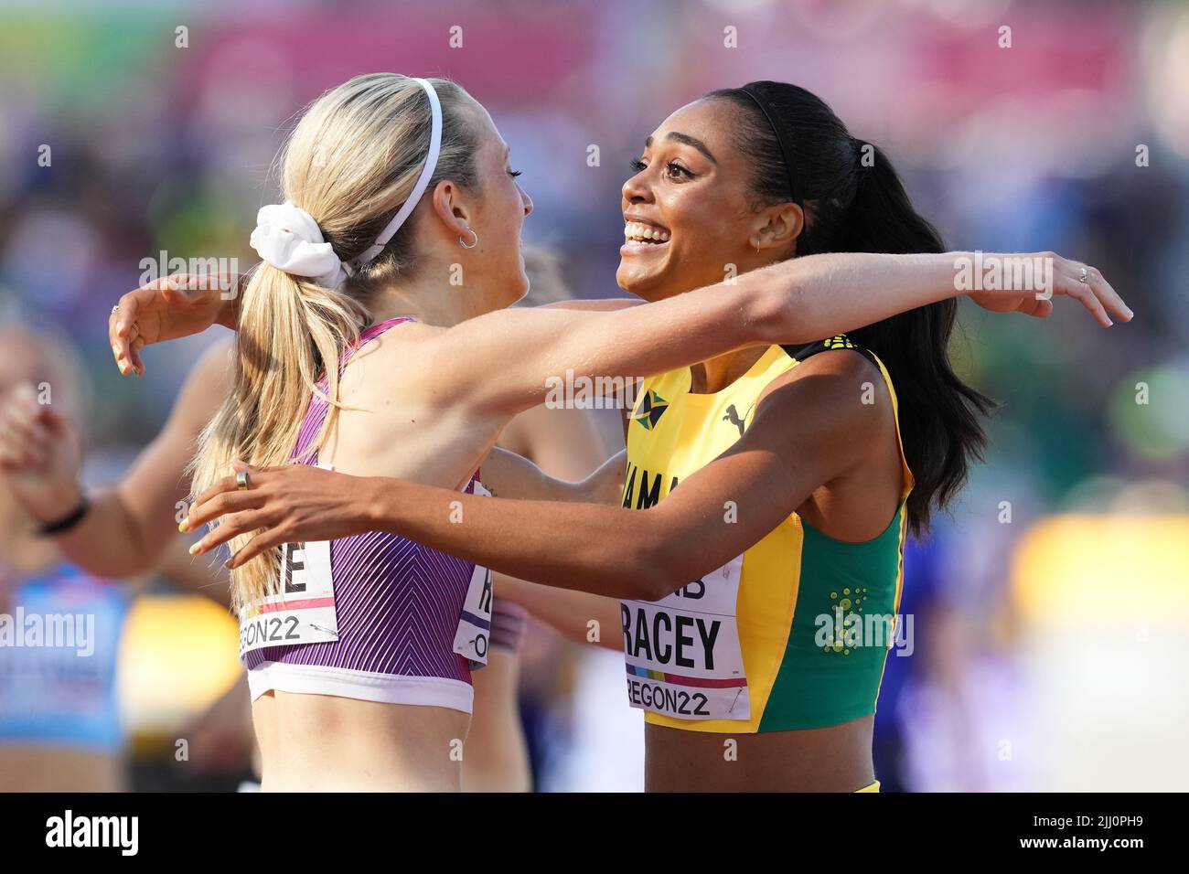 Great Britain's Jemma Reekie (left) with Jamaica’s Adelle Tracey during ...
