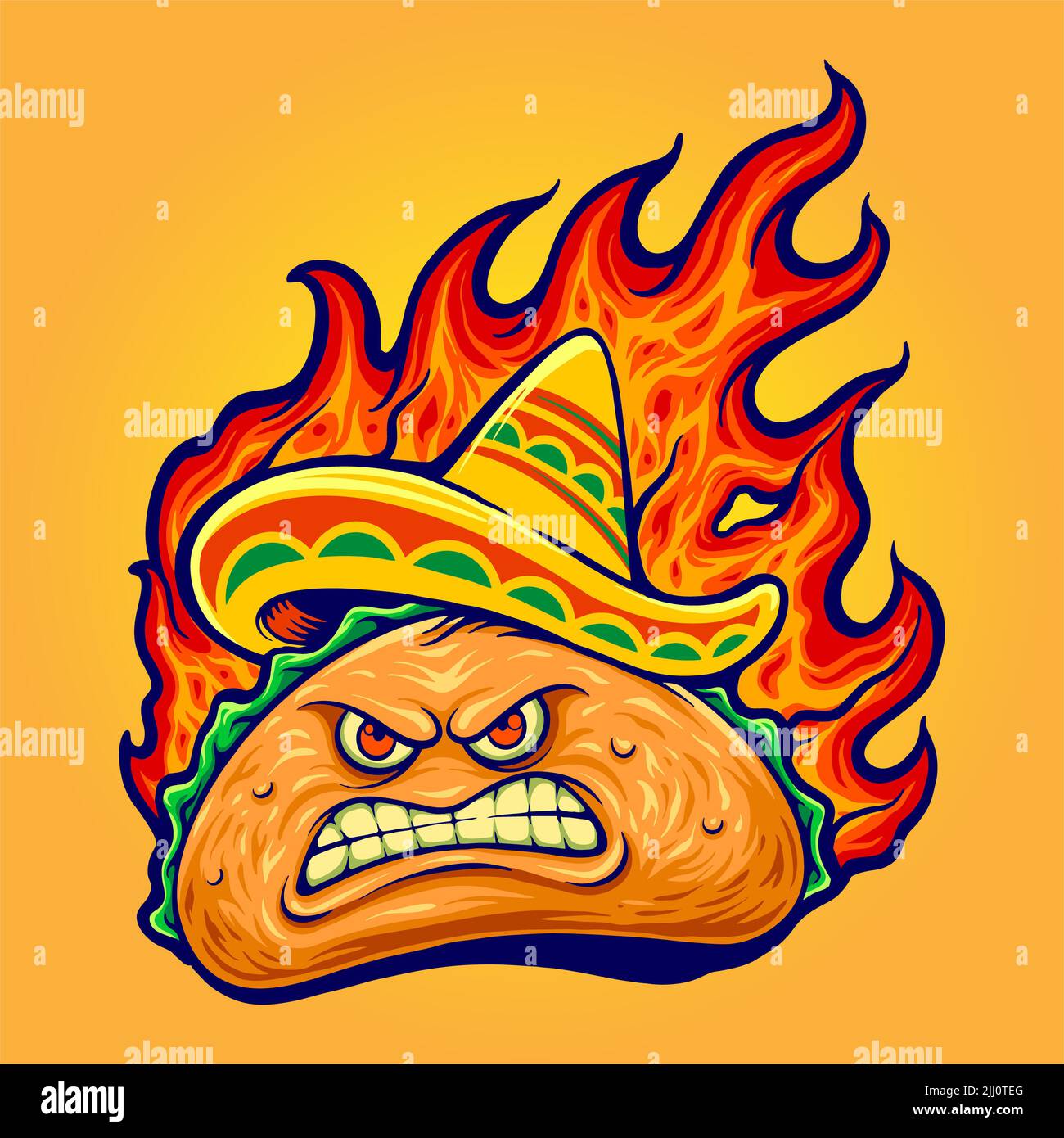 Angry delicious mexican taco with blazing fire vector illustrations for ...