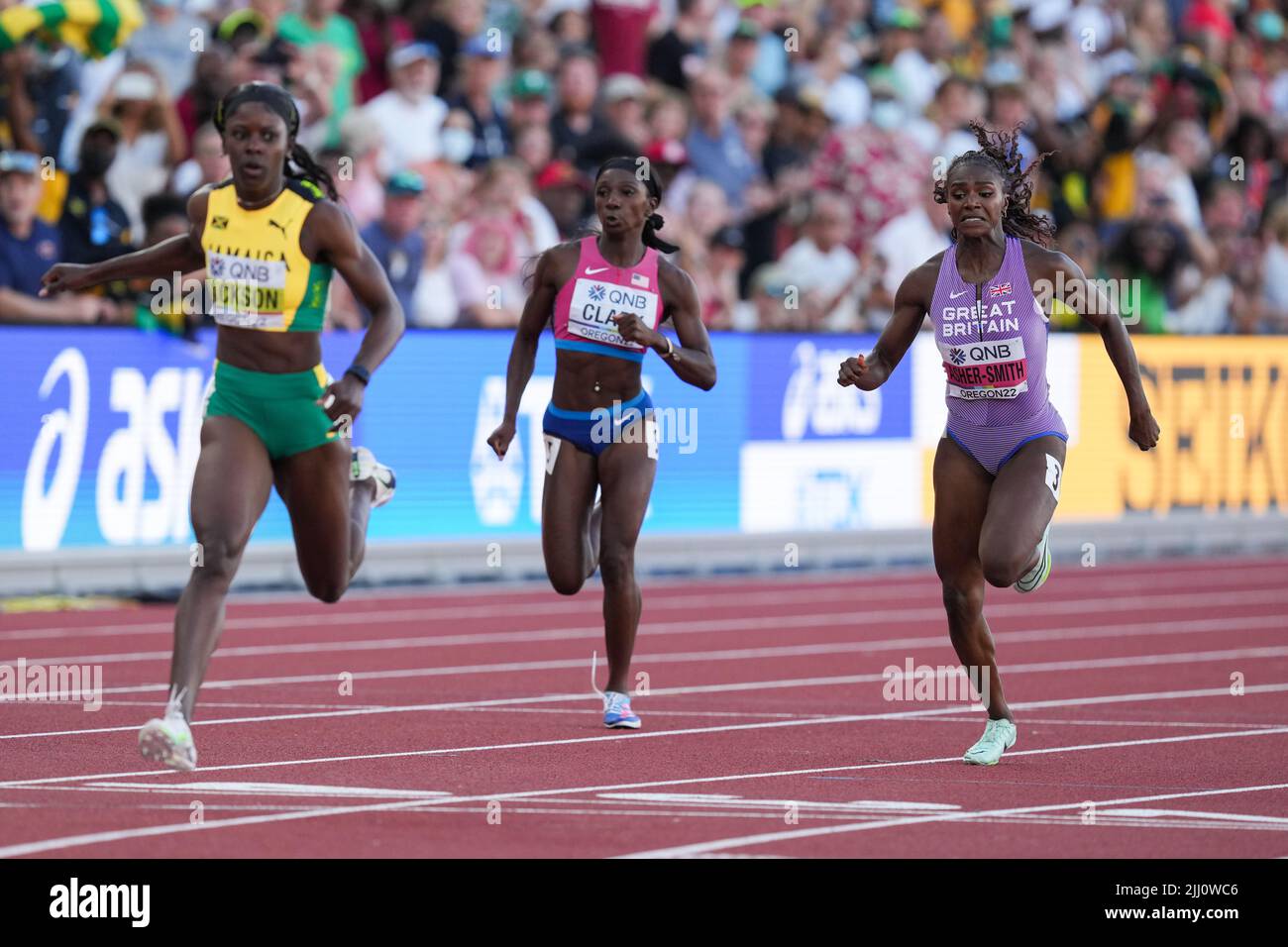 Great Britain's Dina Asher-Smith (right) and Jamaica’s Shericka Jackson ...