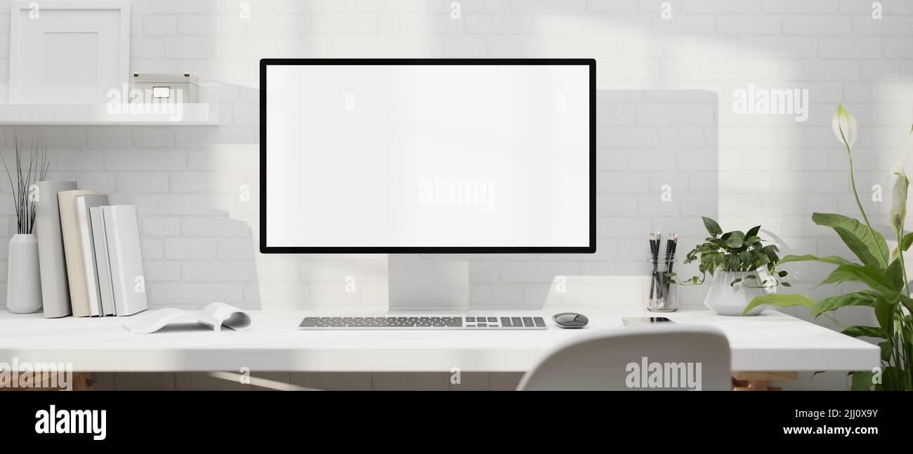 Modern minimal white working space with PC computer white screen mockup ...