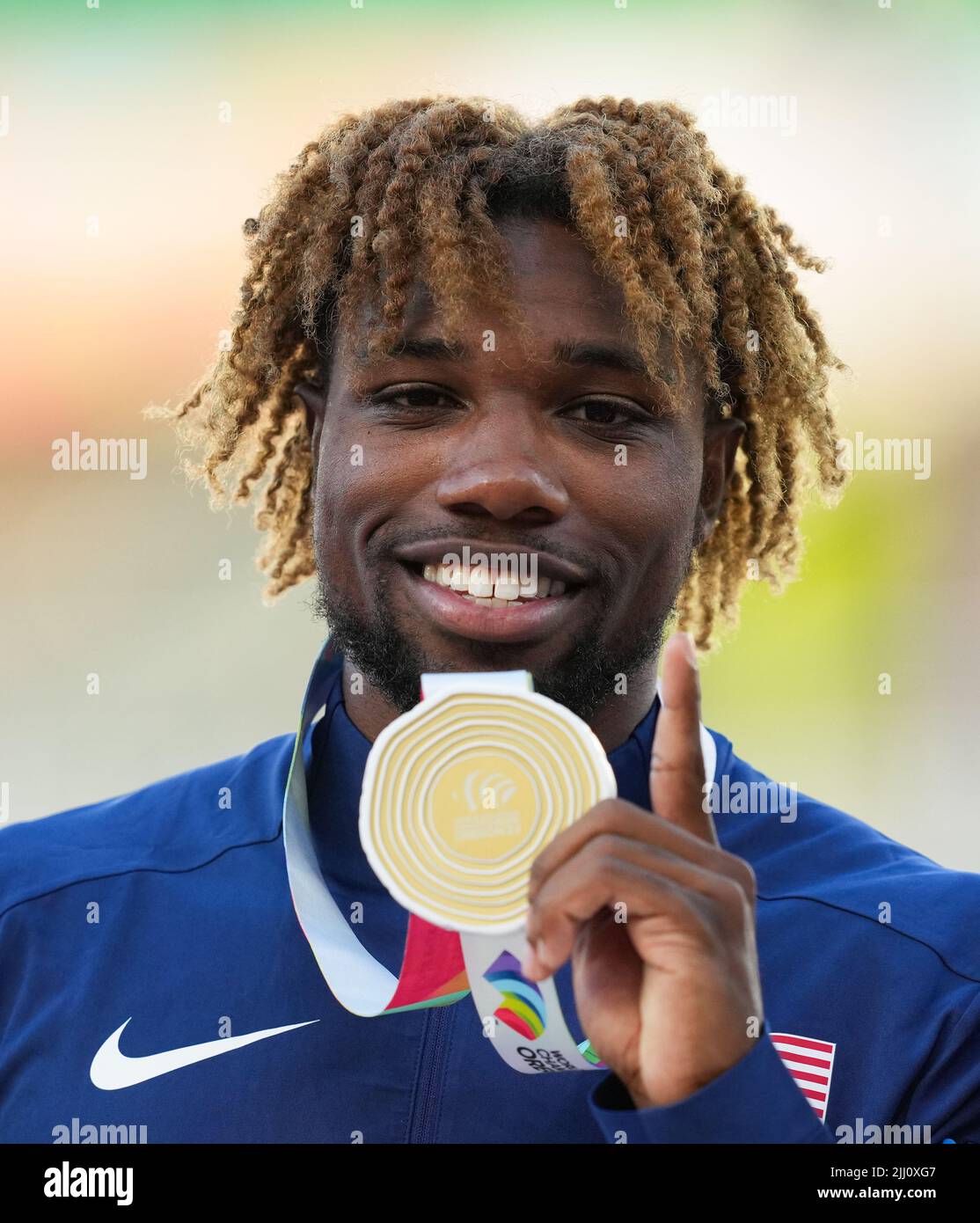 USA’s Noah Lyles celebrates with his Gold Medal following the Men’s ...