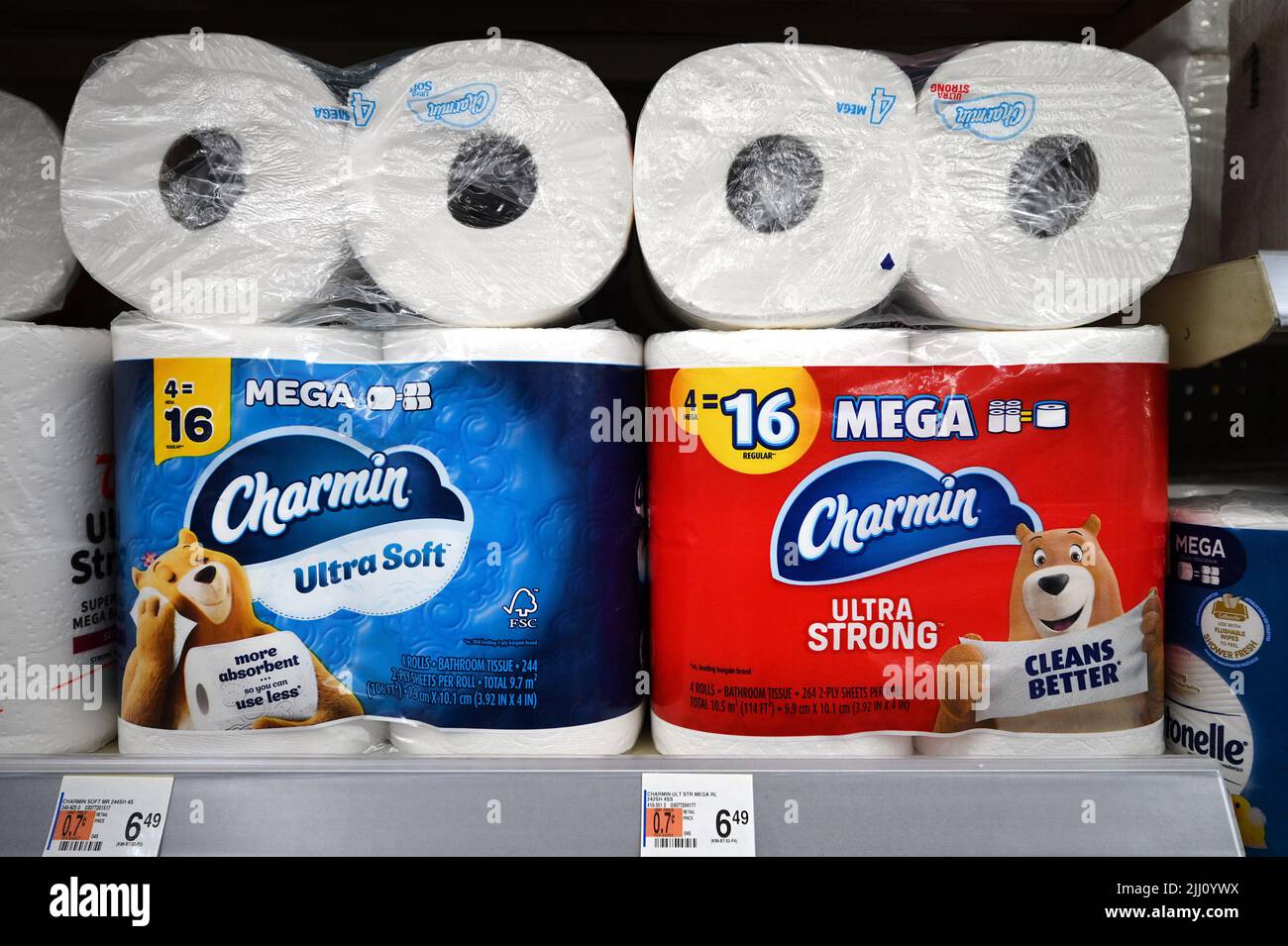 Rolls of Charmin toilet paper on display at a Target store in the ...
