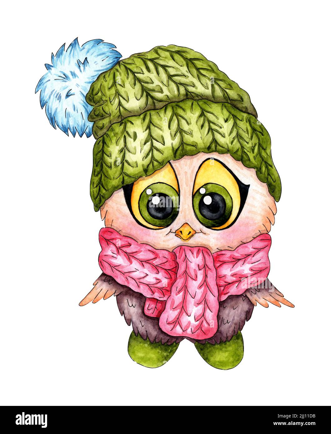 Watercolor illustration of a cartoon owlet in a hat and scarf. Smart ...