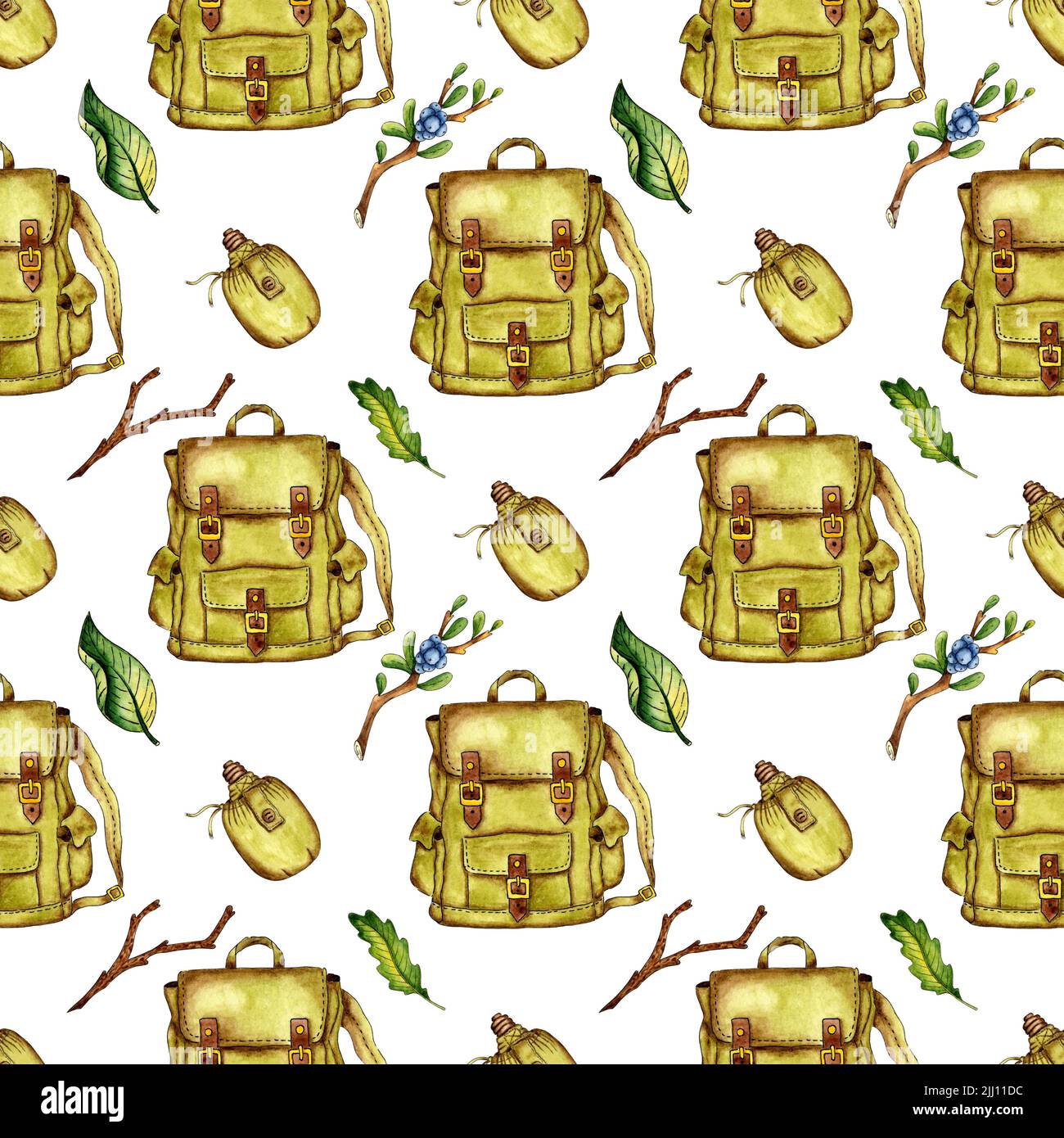 Watercolor illustration pattern backpack, flask, twigs and leaves. For ...