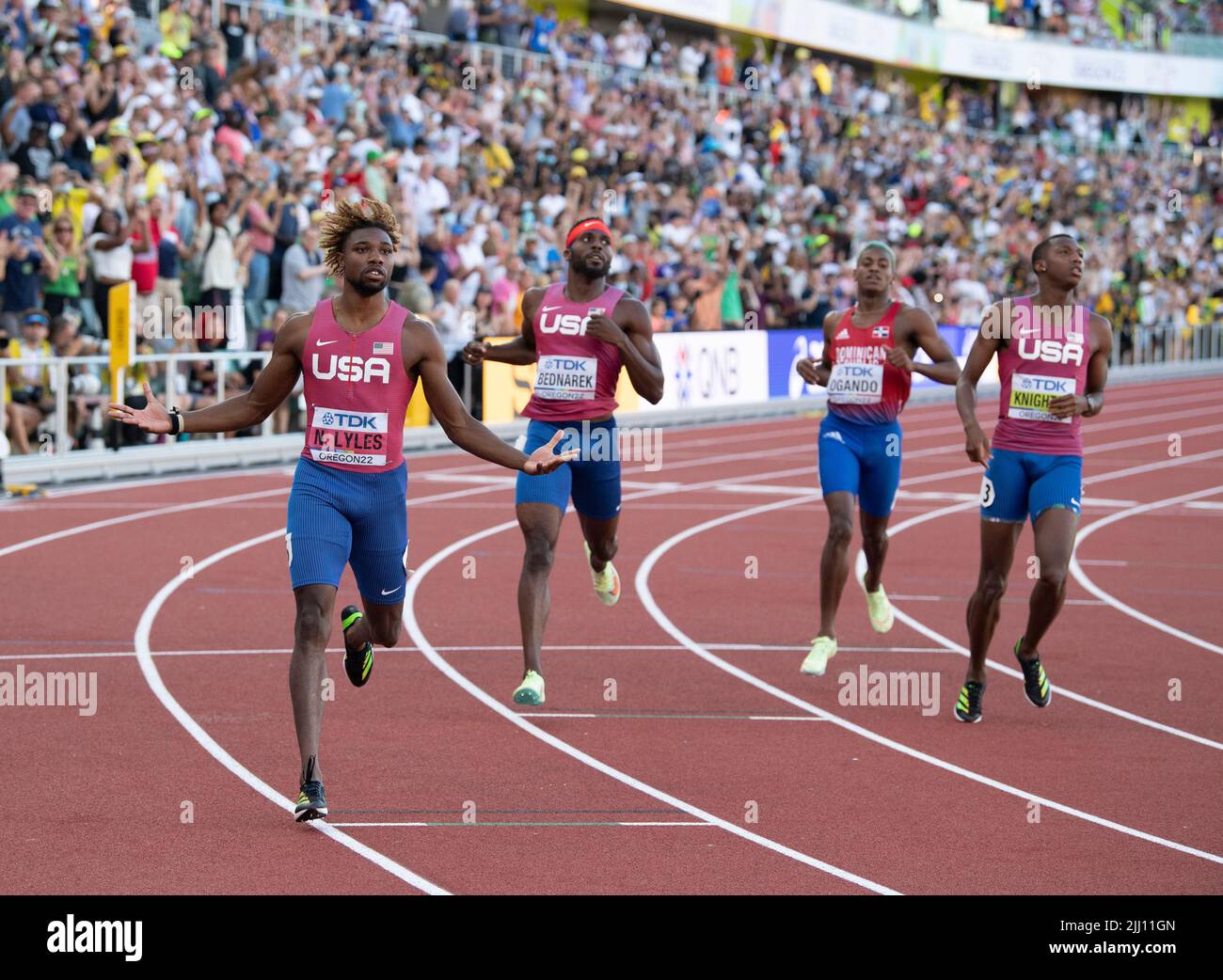 Eugene, USA. 21st July, 2022. Noah Lyles, Kenneth Bednarek, Erriyon ...