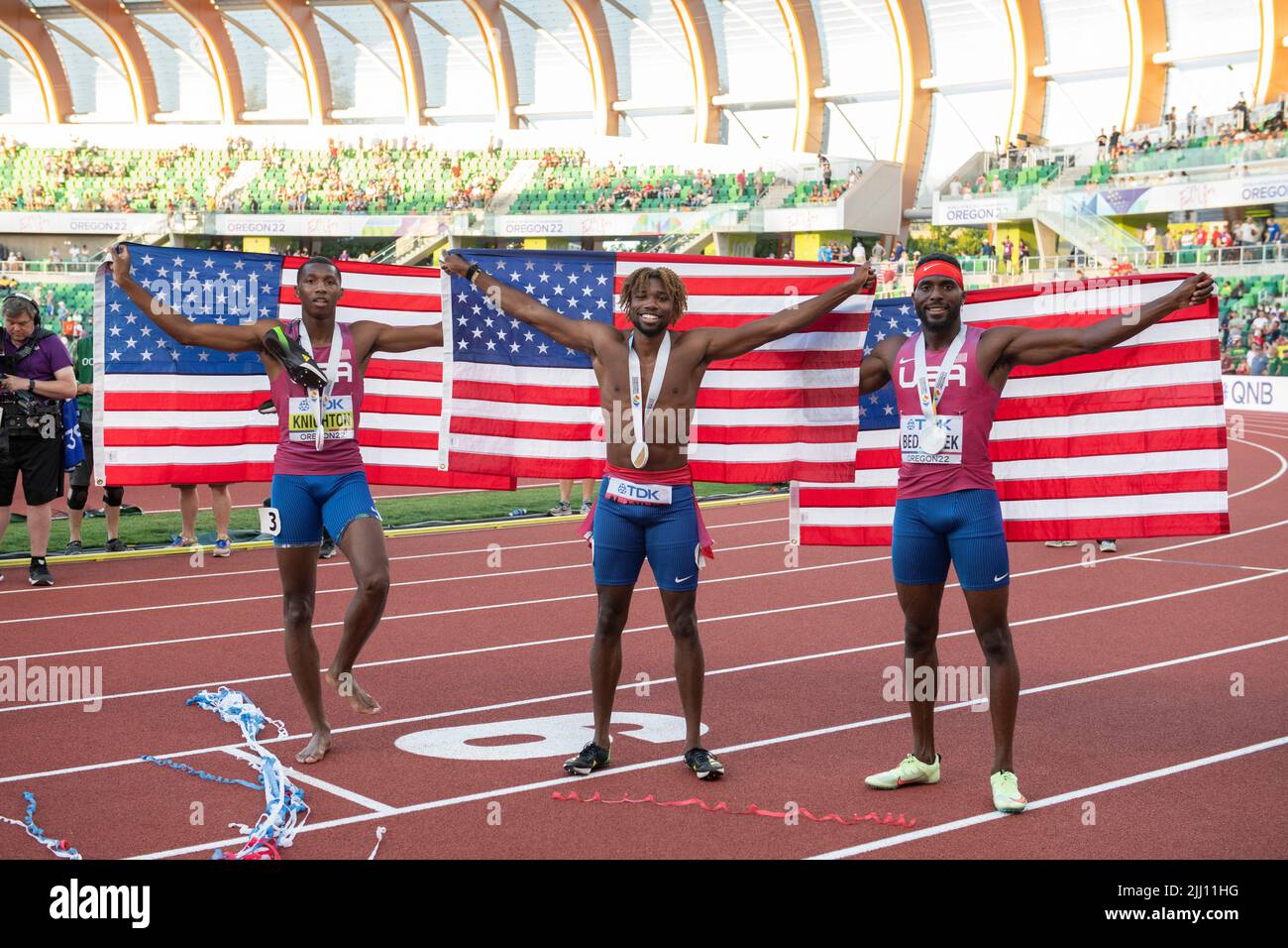 Eugene, USA. 21st July, 2022. Noah Lyles, Kenneth Bednarek, Erriyon Knighton (USA) celebrating ...