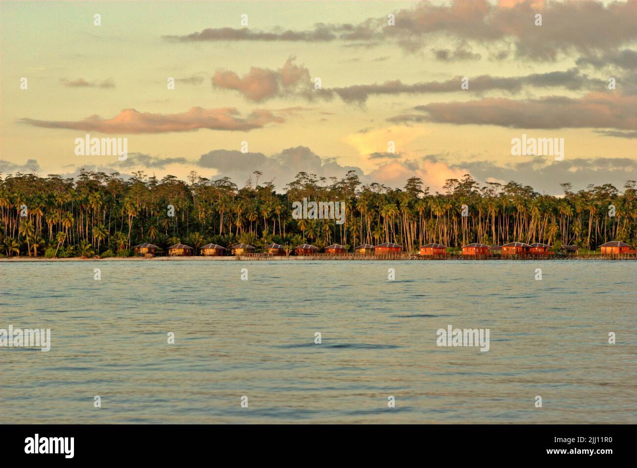 View of a beach decorated with wooden cottages and coconut trees on ...