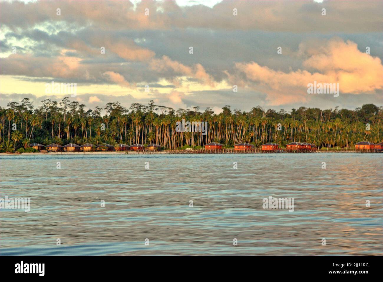 View of a beach decorated with wooden cottages and coconut trees on ...