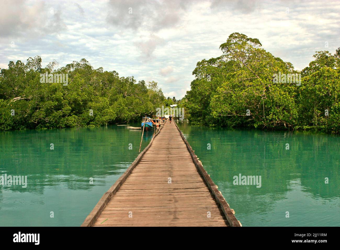 Wooden jetty above coastal water of Maratua Island, which is a part of ...