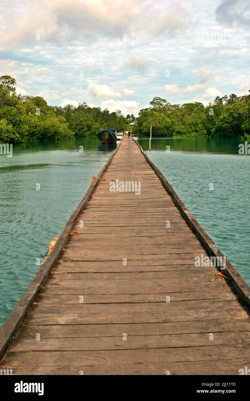 Wooden jetty above coastal water of Maratua Island, which is a part of ...