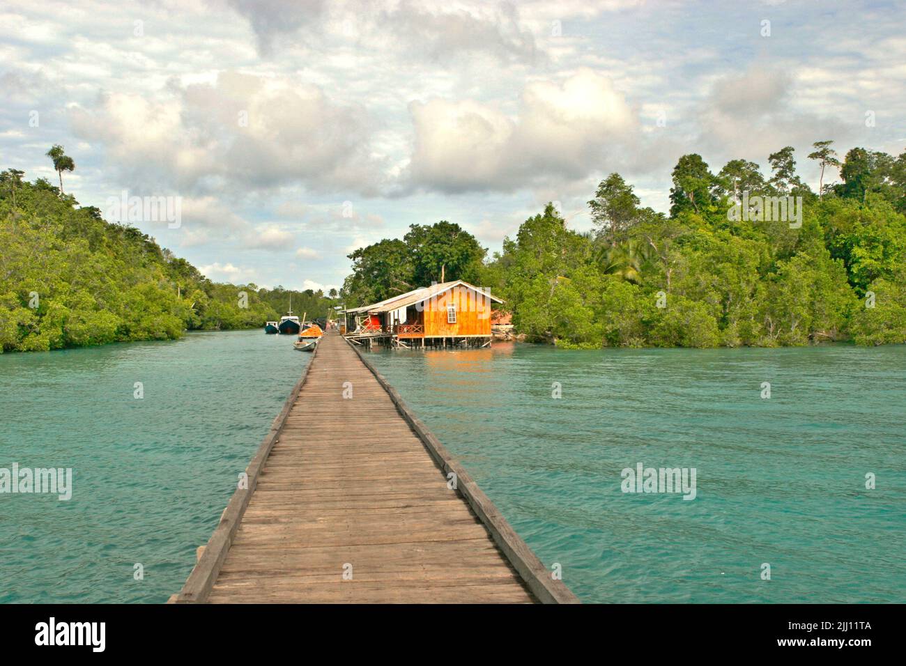 Wooden jetty above coastal water of Maratua Island, which is a part of ...