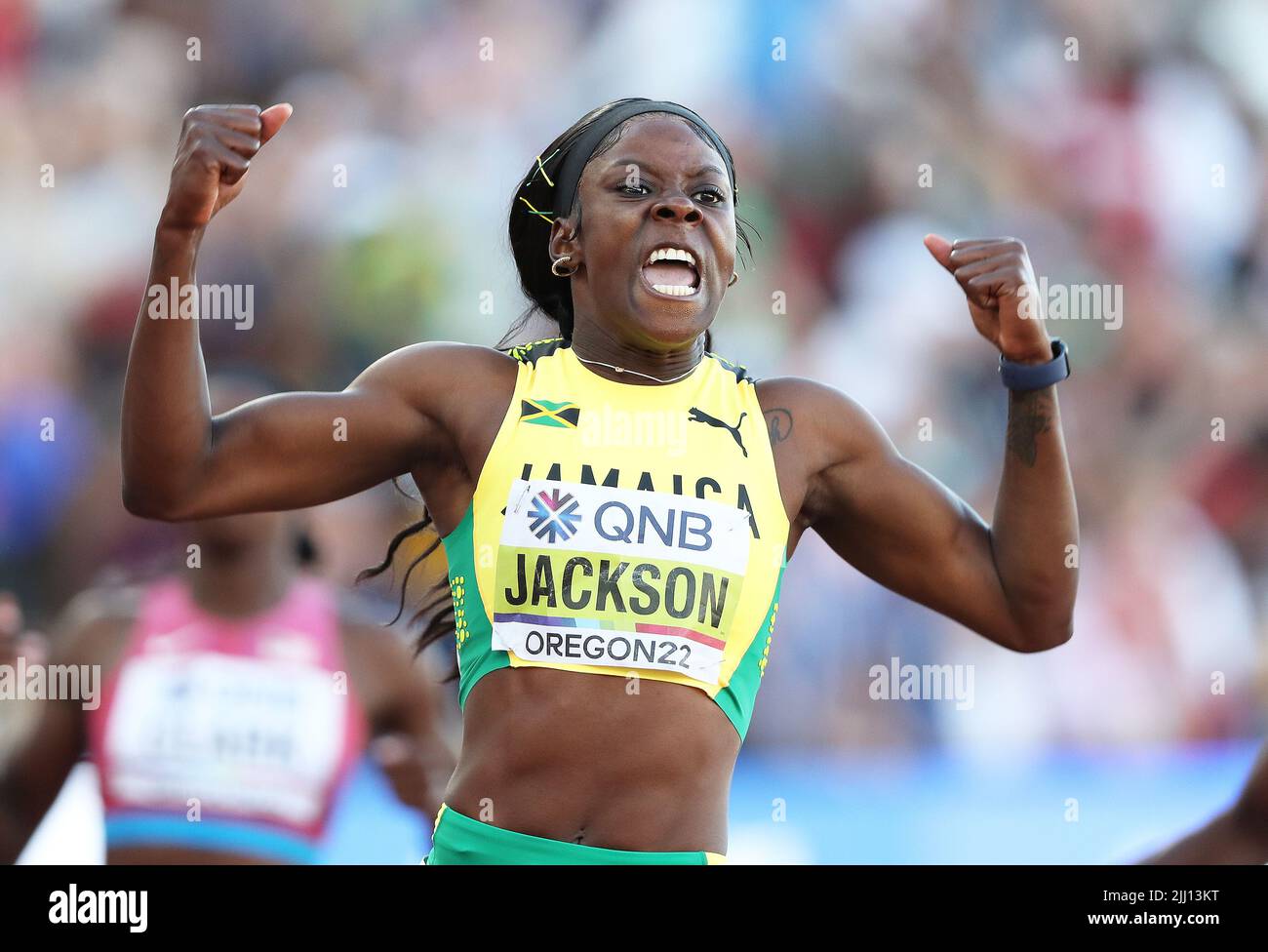 Shericka Jackson (JAM) celebrates after winning the women's 200m in a ...