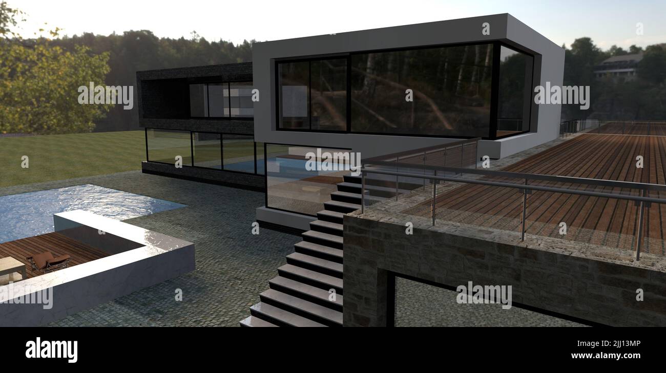 Outdoor terrace of a modern high-tech house. Metal glass fence ...