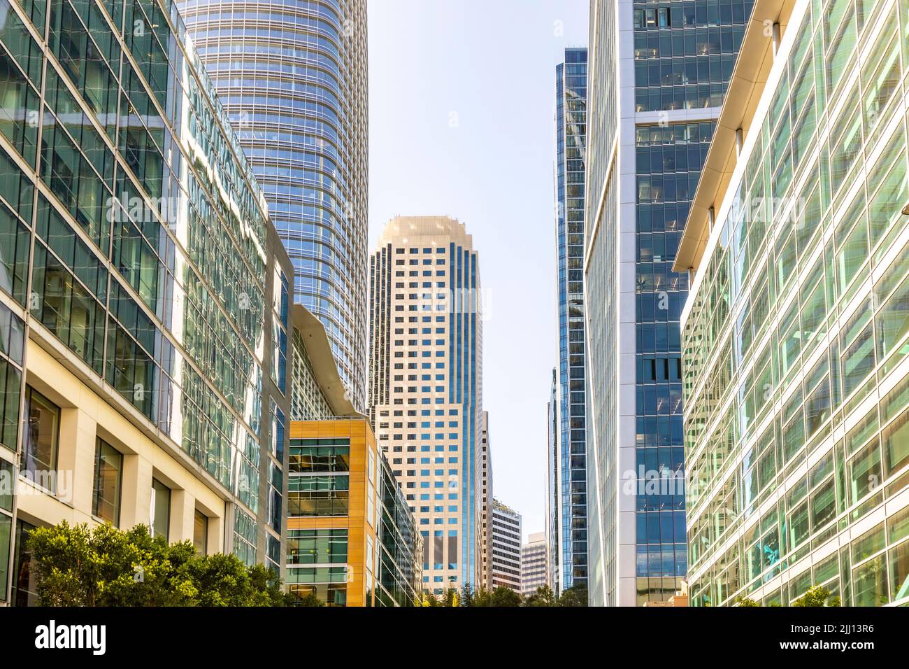 perspective of skyscraper in financial district downtown San Francisco ...