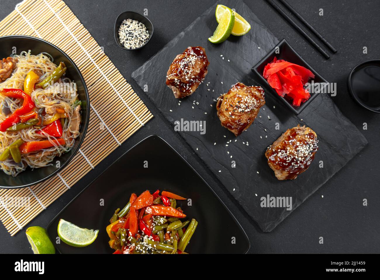 Layout of Chinese food or Thai street food. Chicken teriyaki vegetables ...